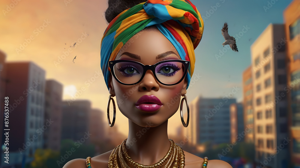 Create a realistic 4k picture of an African American bobble head woman ...