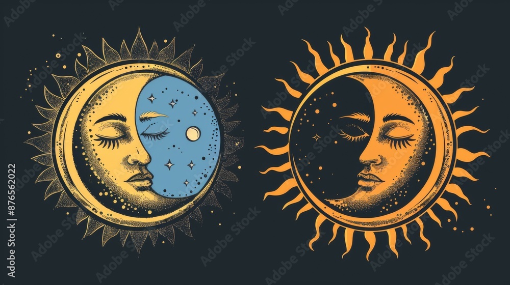 An artistic illustration depicting sun and moon faces merging together ...
