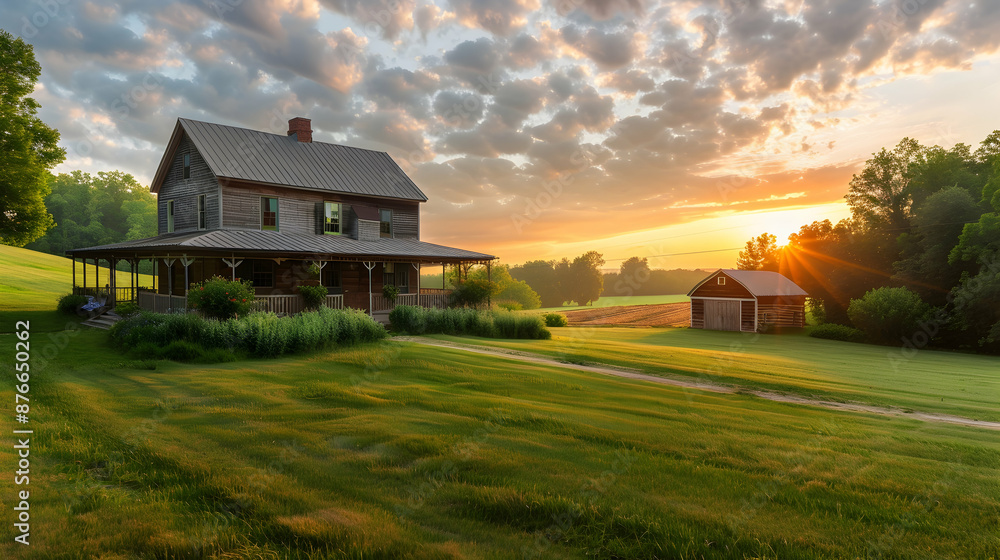 Rustic farmhouse exterior with a wraparound porch and a barn in the ...