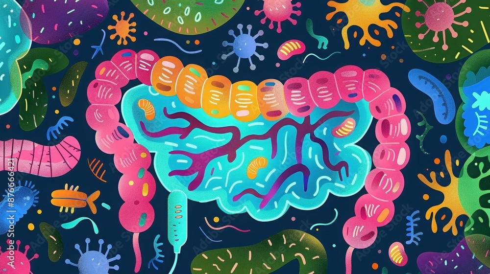 Colorful cartoon illustration of human digestive system with microbiome ...