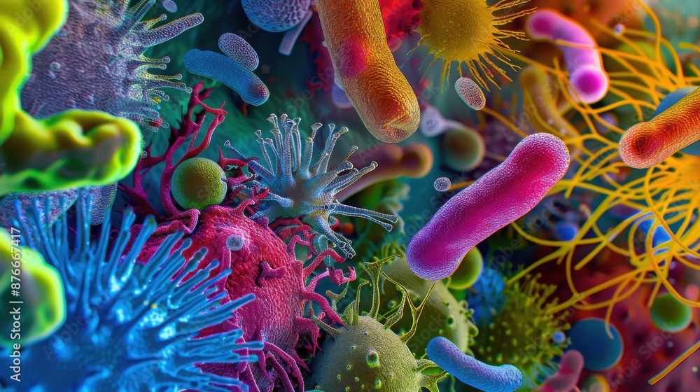 Vibrant close-up of various colorful microscopic organisms, showcasing ...