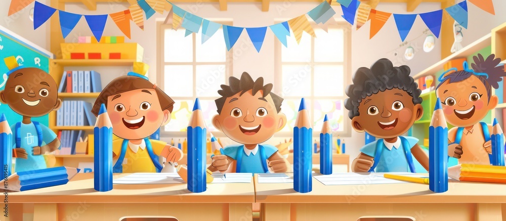 Cheerful educational banner with blue pencils and cartoon characters ...