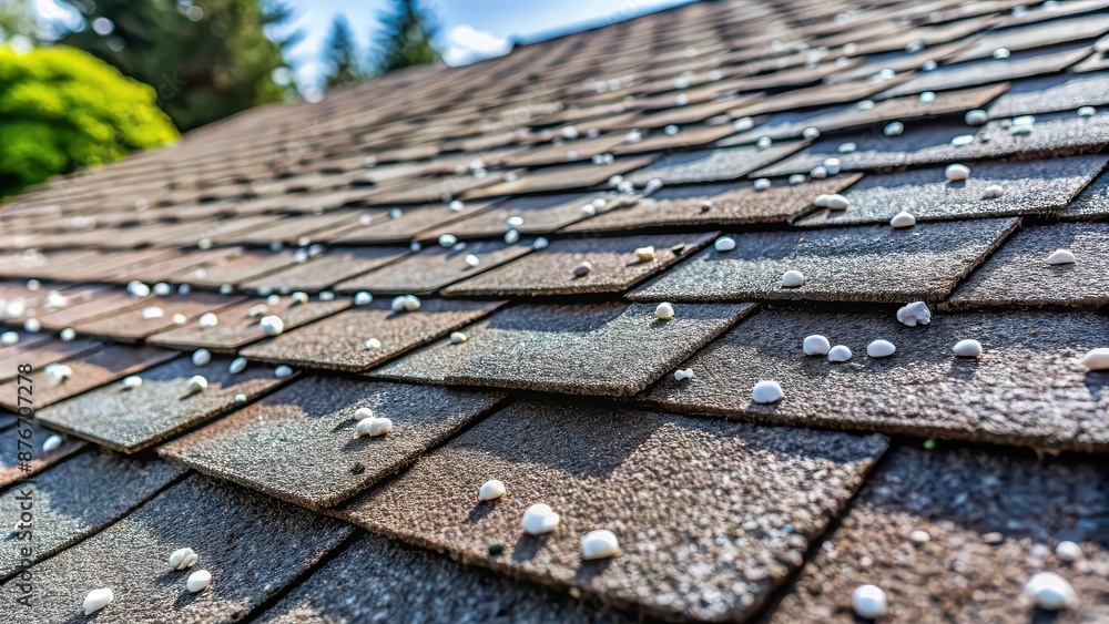 Detailed shot of roof inspection showing hail damaged shingles, roof ...