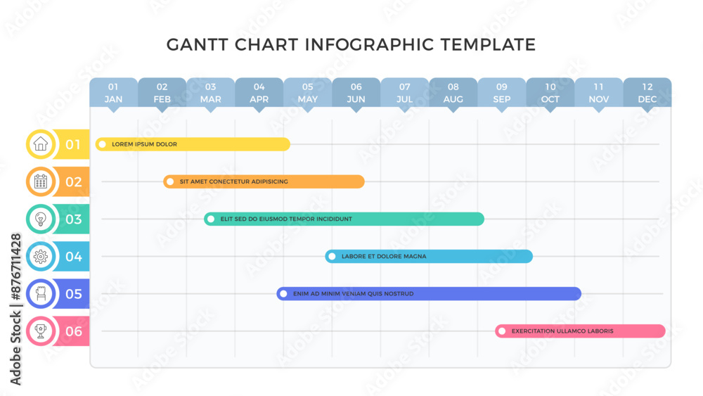 Project time plan with 6 tasks, gantt chart, timeline infographic ...