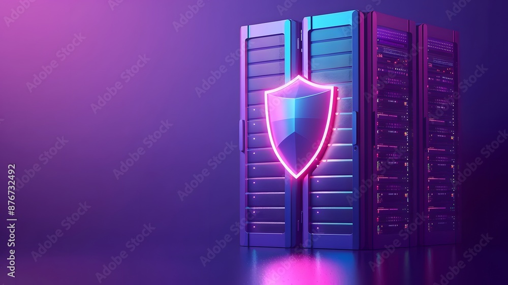 Neon glowing shield icon in front of server racks, representing cyber ...