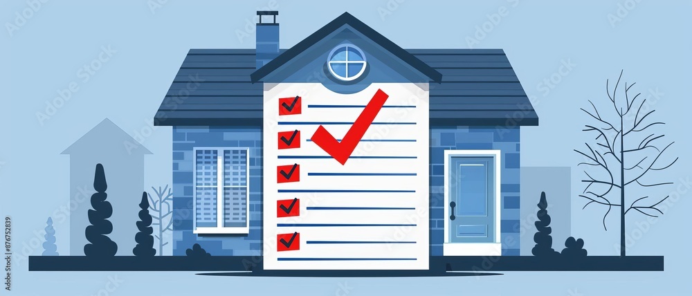Checklist with red checkmark, model house illustration, organized home ...
