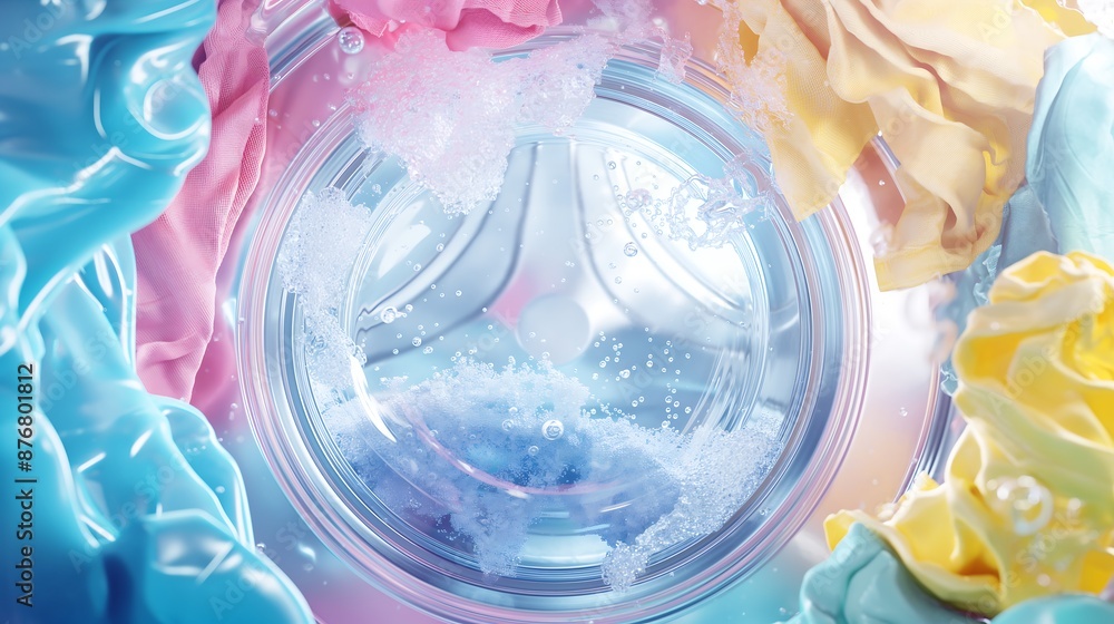 The water is rotating inside the drum washing machine, bright and ...