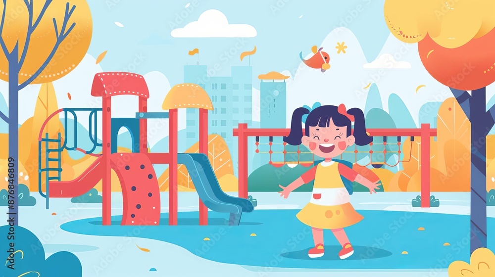 Child feeling joyful at a playground, vibrant equipment, wide smile ...