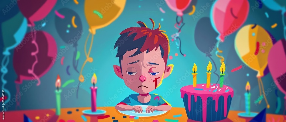 Child feeling sad at a birthday party, colorful decorations, deep blues ...