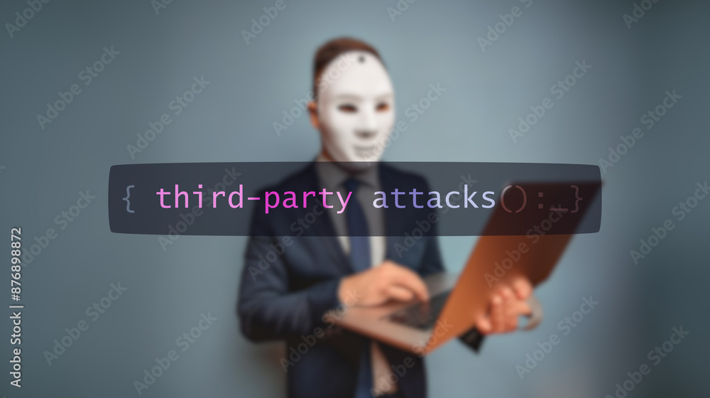 Cybersecurity concept third-party attacks on foreground screen, hacker silhouette hidden with ...