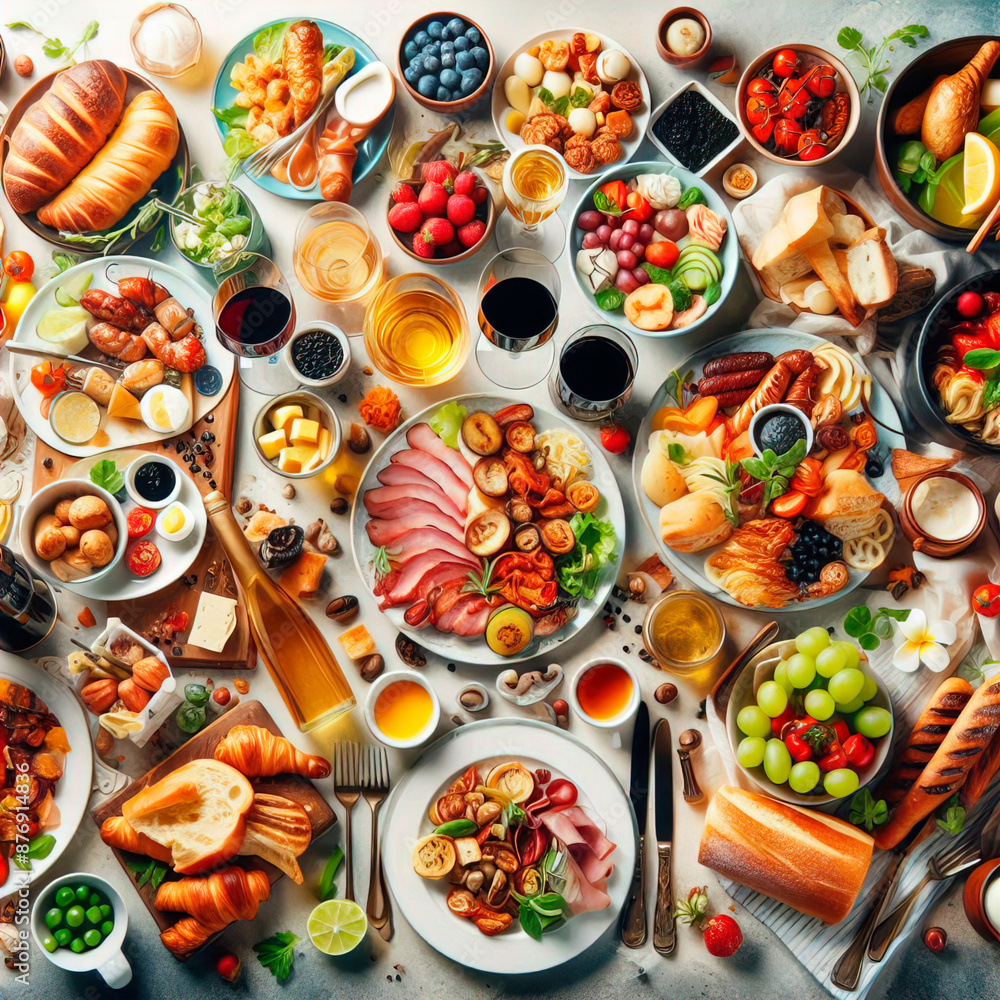 Full table of delicious European foods and drinks from top view, Happy ...
