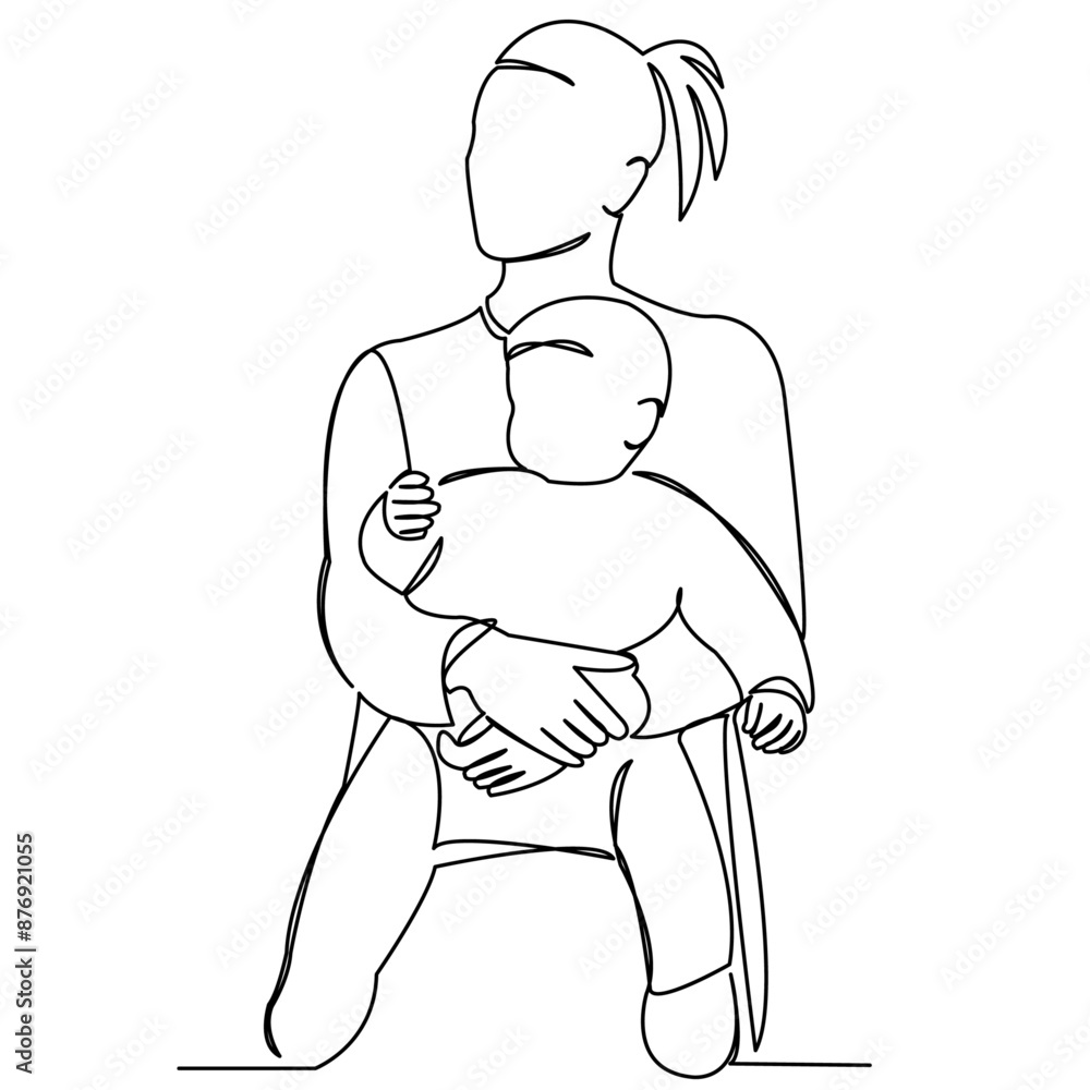 continuous single drawn one line mom with her son in her arms a hand ...