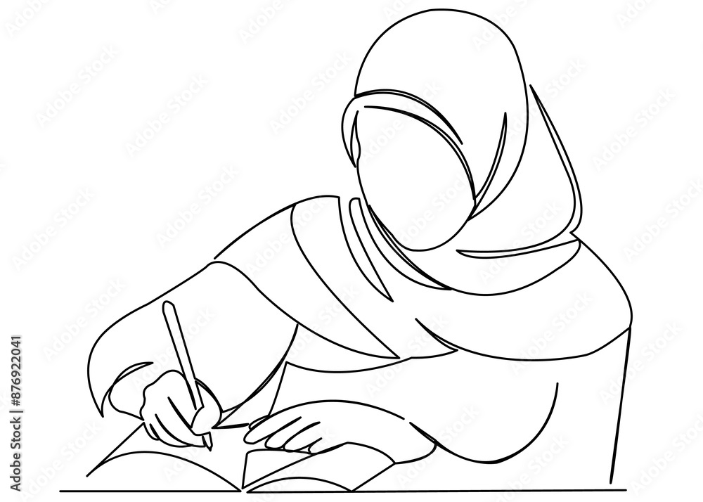 continuous single drawn one line girl muslim woman learns hand-drawn ...