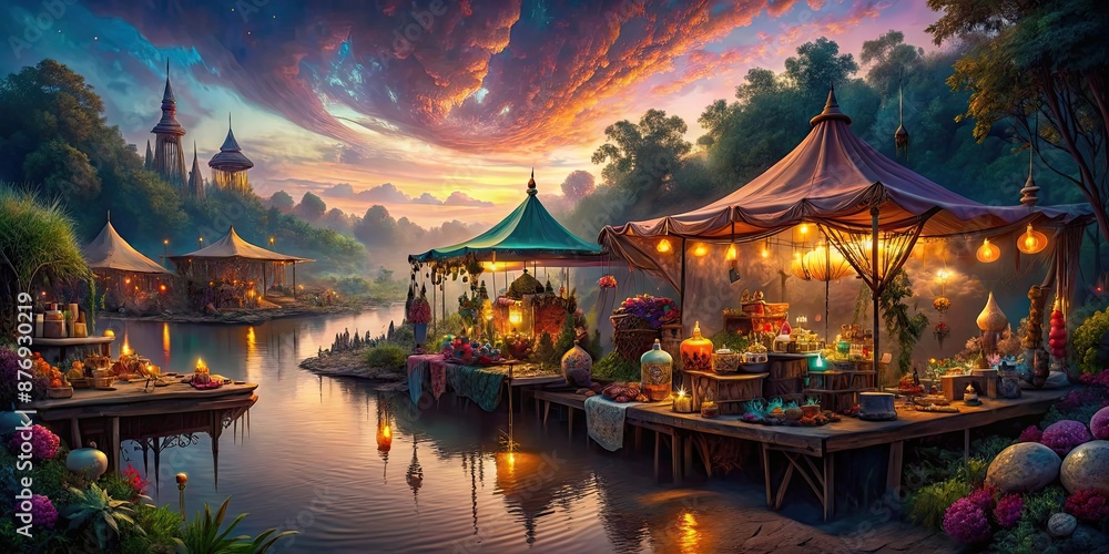 Enchanting twilight bazaar by a lagoon with mythical creatures and ...