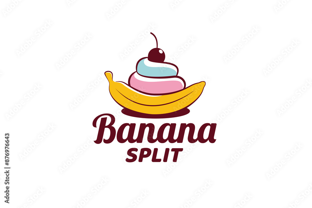 banana split logo with a combination of banana, ice cream and cherry ...