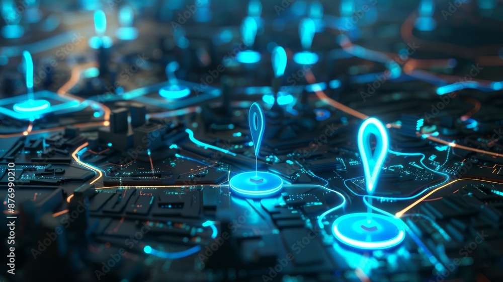 Digital city map with pinpoint locations. Futuristic city map with ...