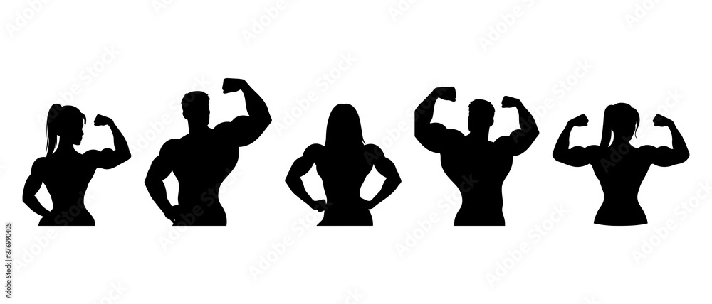Muscular bodybuilder vector silhouettes. Male and female bodybuilding ...
