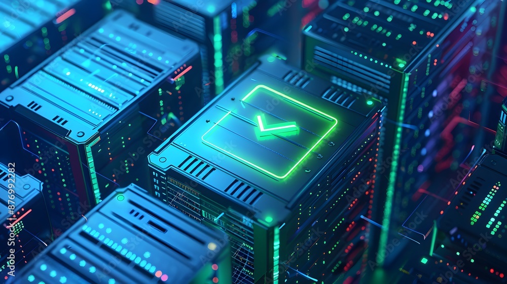 High-tech server farm with glowing green check mark indicating secure ...
