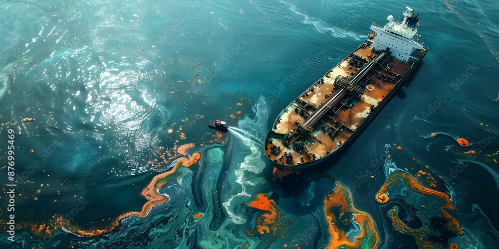 Oil skimming vessel deployed to clean up spill near tanker. Concept Oil ...