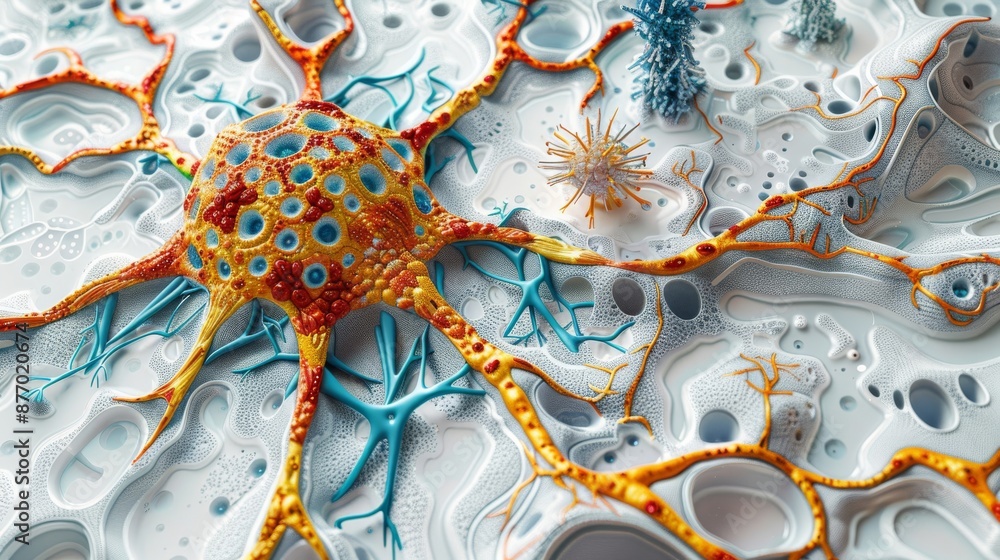 Abstract 3D illustration of a neuron cell, with a textured background ...
