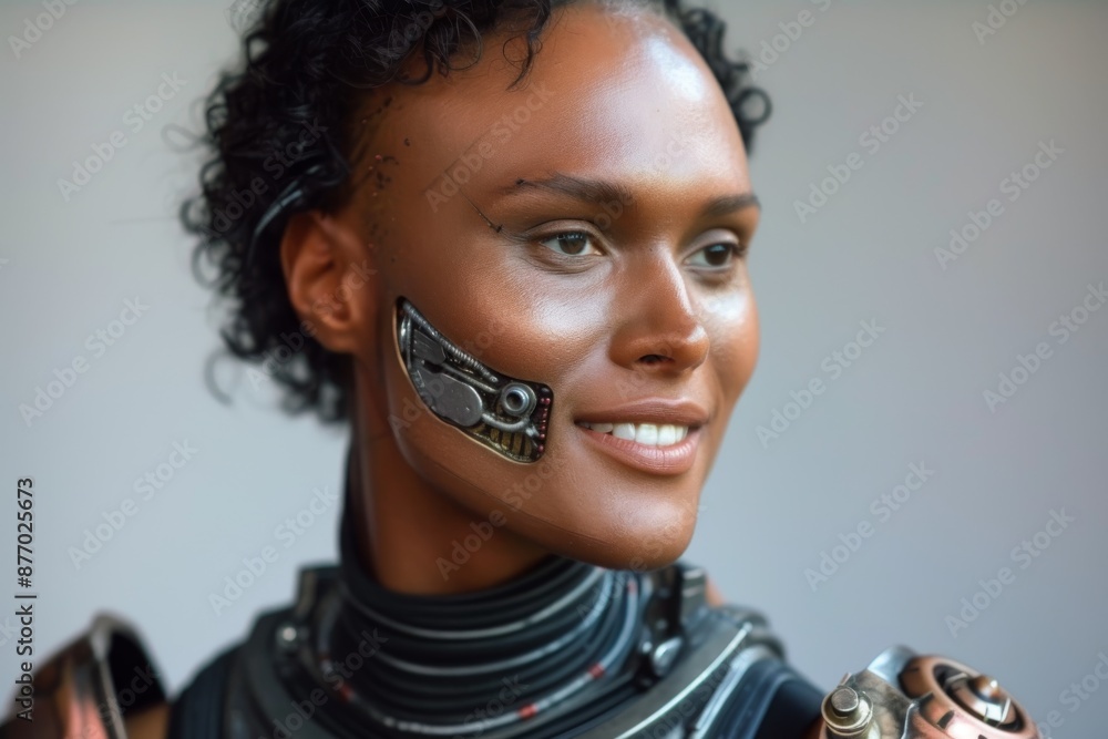 Smiling female cyborg with intricate and advanced futuristic implants ...