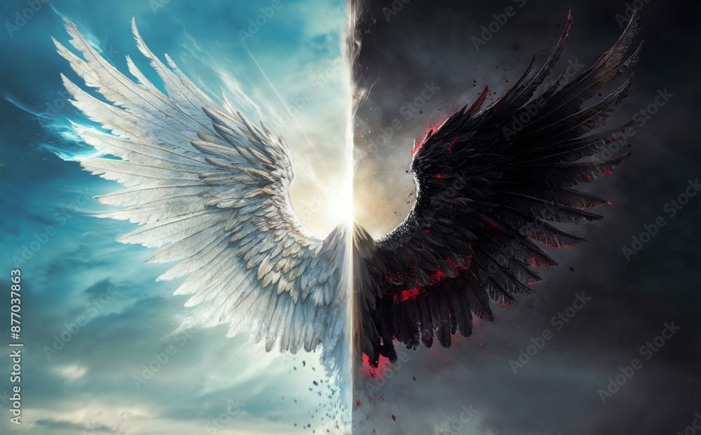 Good and evil split concept: Bright white angel wing set against a ...