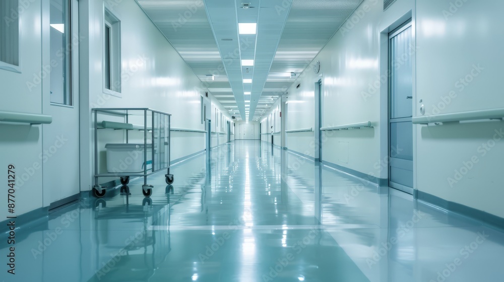 Clean hospital hallway with polished floors and bright overhead lights ...