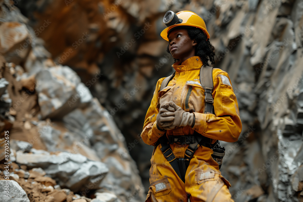 Woman in yellow safety uniform standing in an industrial mining ...