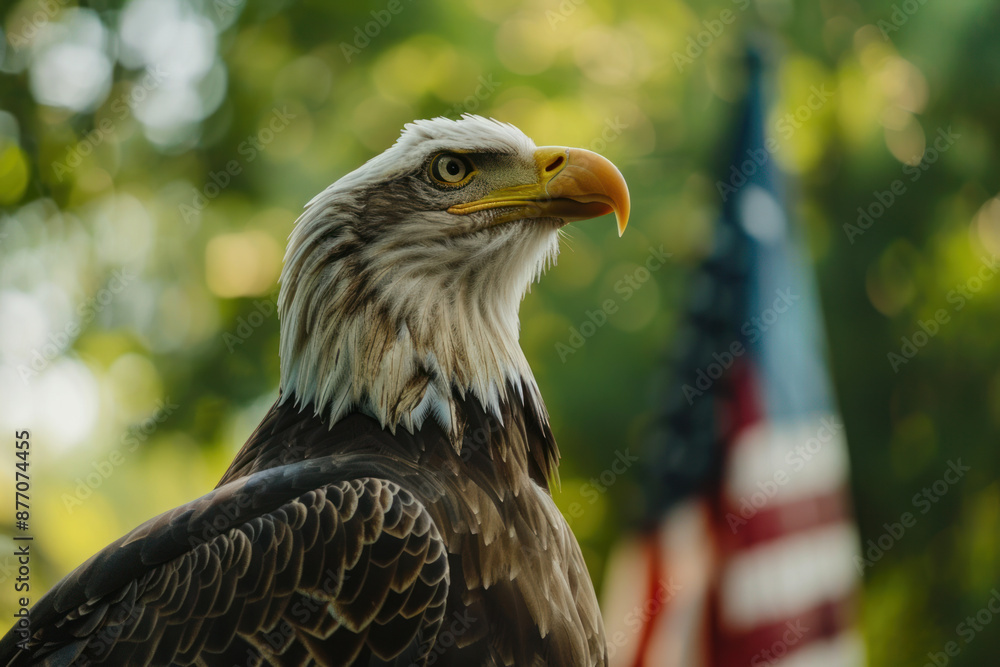 Bald eagle with the flag of the United States of America. American ...