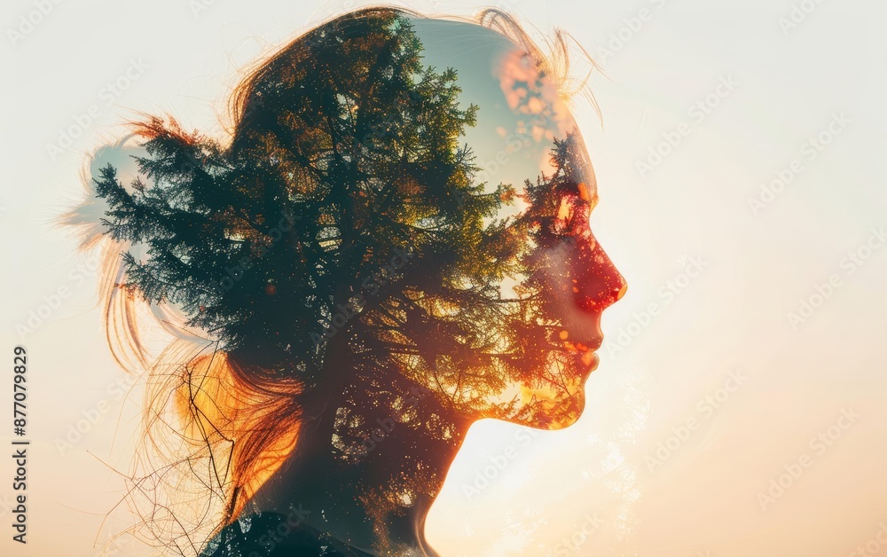 Double exposure portrait of a woman with a tree superimposed over her ...