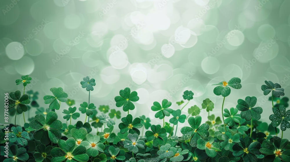 Emerald green clovers prominently rise against a shimmering backdrop of ...