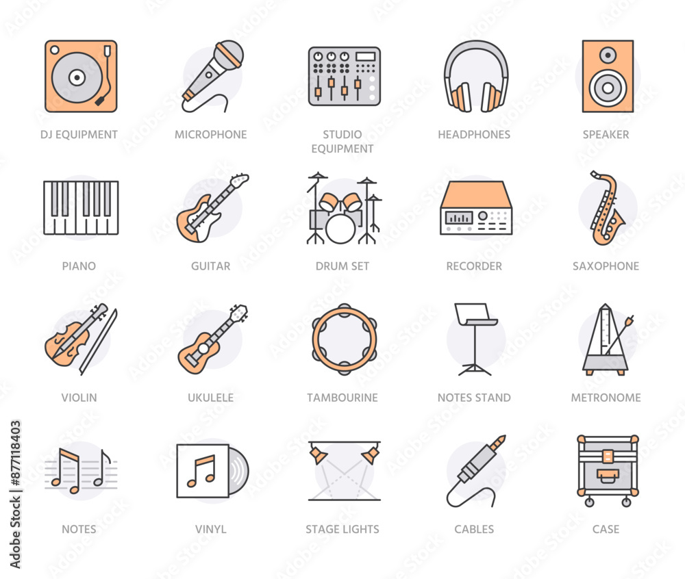 Musical instruments flat line icons set. Dj equipment, sound recording ...