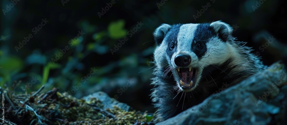Alert wild badger (Meles Meles) with open mouth in Scottish Highlands ...