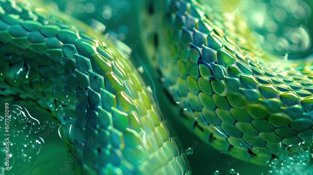 Vibrant green snake scales texture in water bubbles background image ...