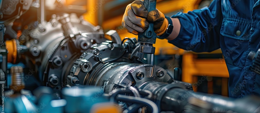 A mechanic with a spanner is disassembling a hydraulic pump for heavy ...
