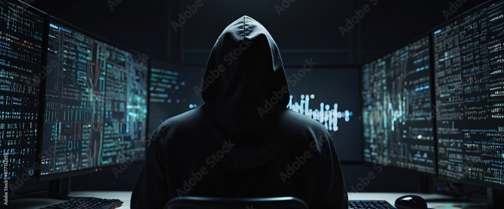 Unclear if the woman on the computer is the masked hacker on the screen ...