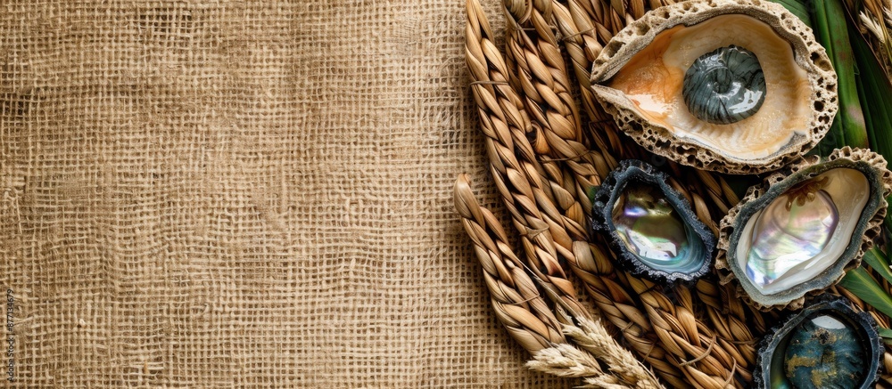 Maori themed objects like mere, abalone shells, and a Whanua label ...