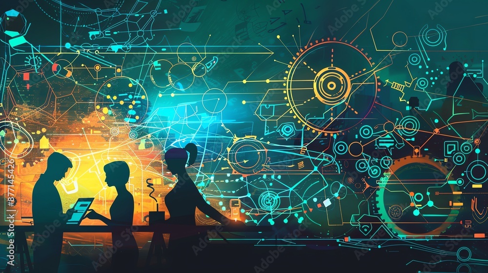 Colorful gears, circuits, and mathematical formulas with students, STEM ...