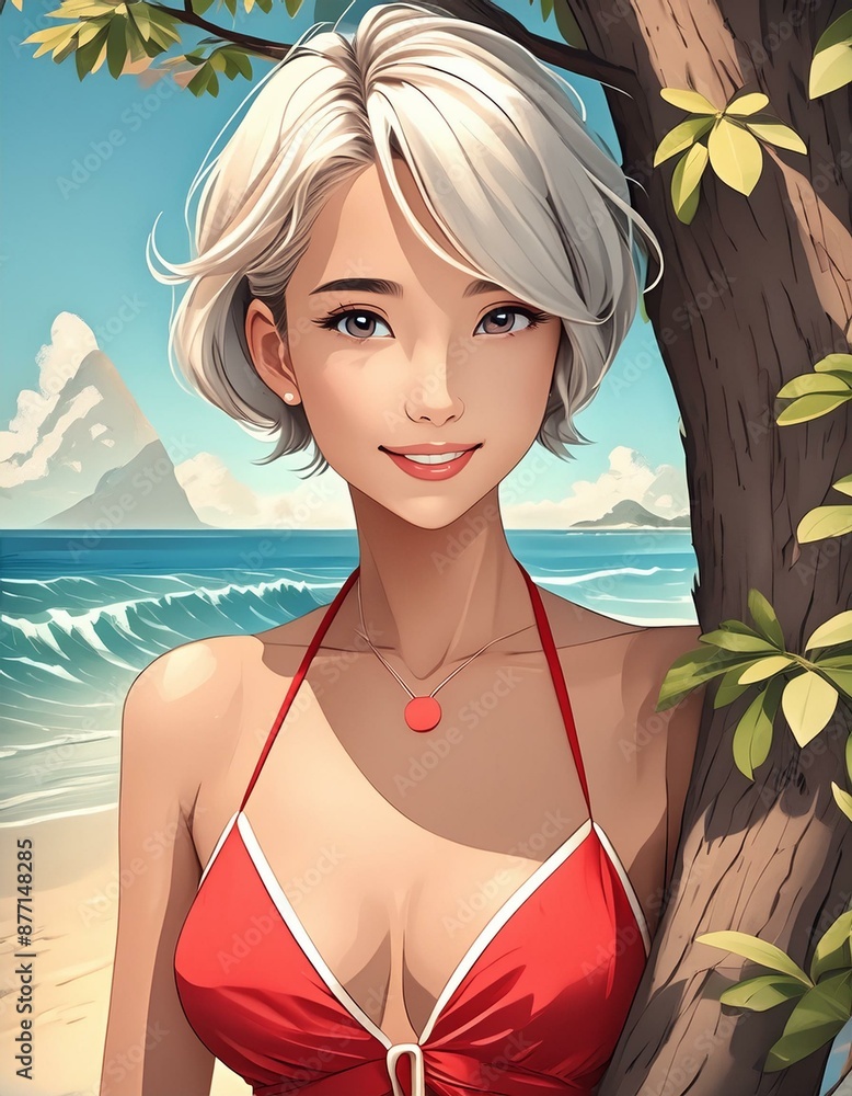 blonde woman with short hair and red bikini posing by a tree on the beach, cartoon style Stock ...