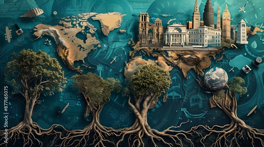 Tree Roots Connecting Global Landmarks Showcasing Cultural Diversity ...
