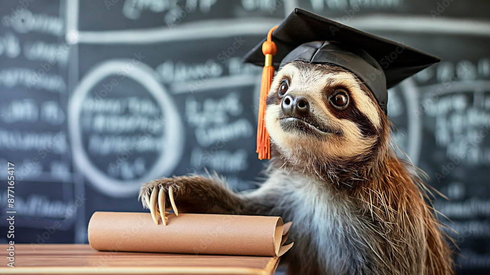 Humorous animal graduation. Sloth with academic cap and diploma in ...
