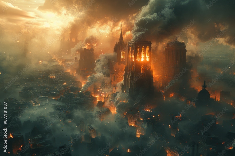 An eerie, dystopian scene shows a city engulfed in flames and smoke ...