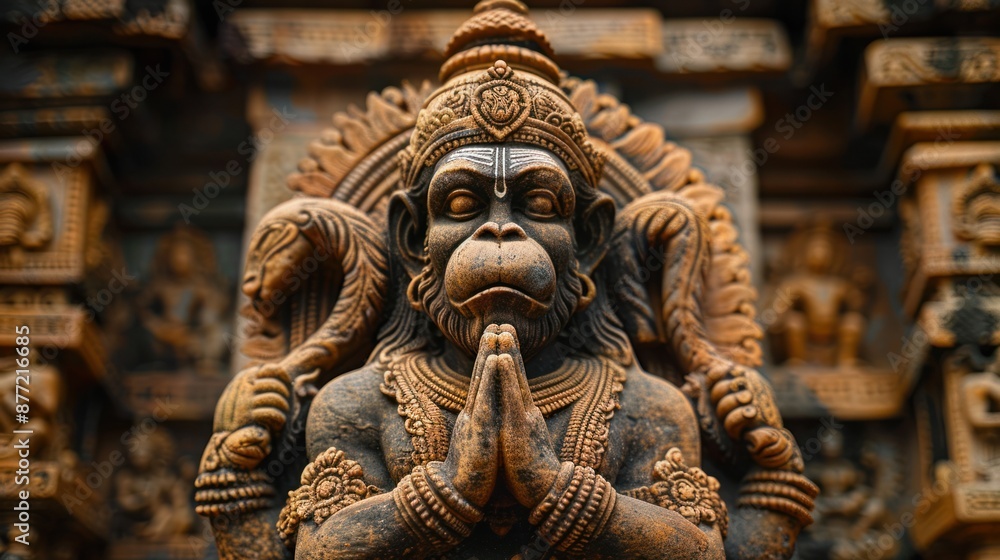 A detailed carving of Lord Hanuman, the monkey god, showcasing his ...