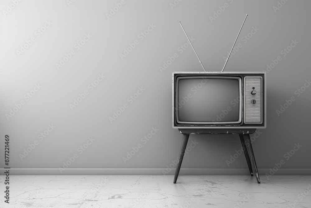 Classic vintage television set with antennas in a minimalist empty room ...