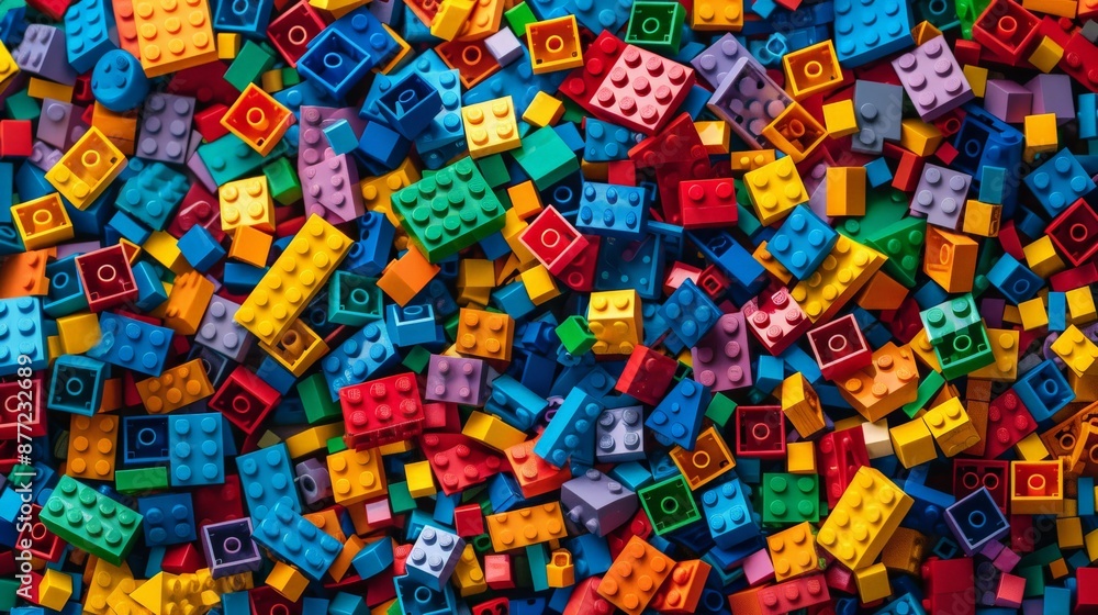 Foto de Stock Top view of a pile of colorful Lego blocks scattered all ...