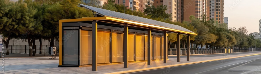 Solar-powered electric bus stop in a vibrant city, sustainable urban ...