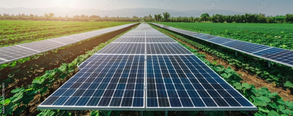 Solar-powered irrigation system in a lush green field, sustainable crop ...