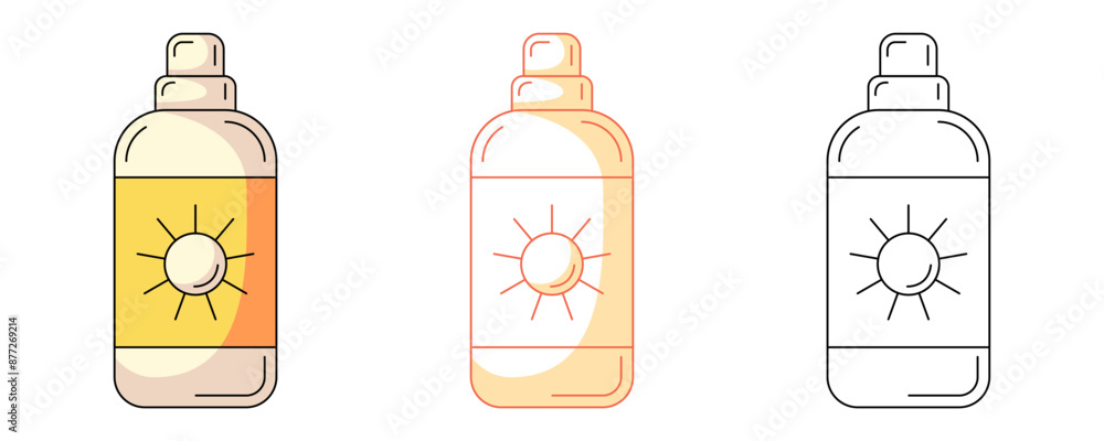 Sunscreen in a bottle with dispenser, colorful and line icon set ...