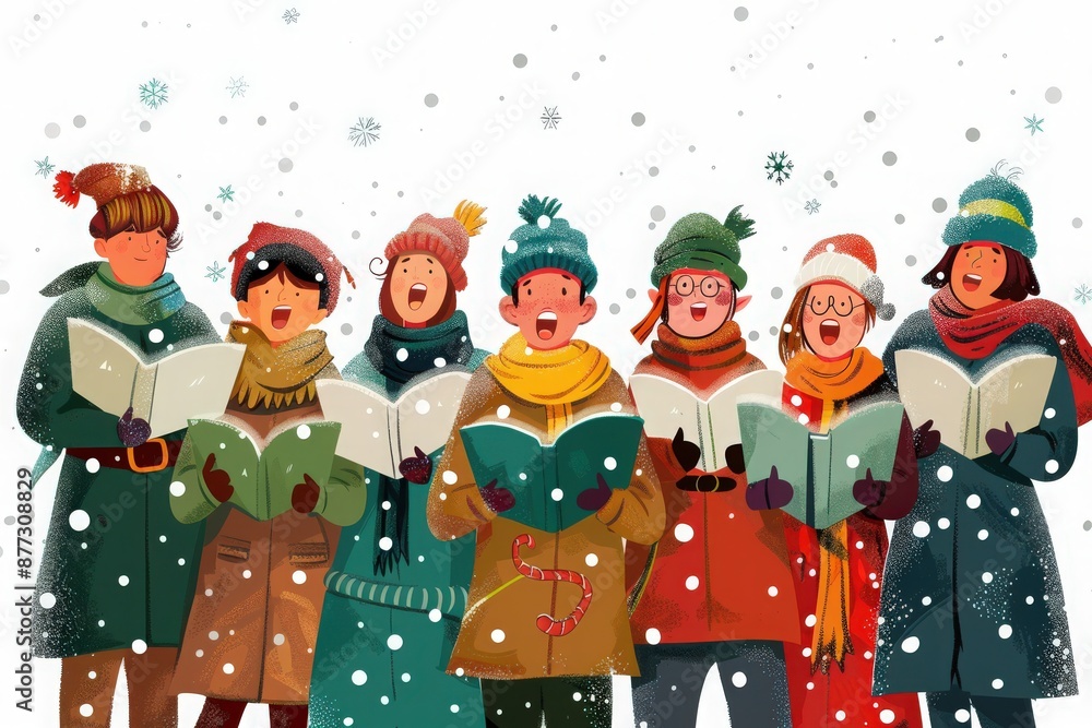 A group of cheerful people singing Christmas carols in the snow ...