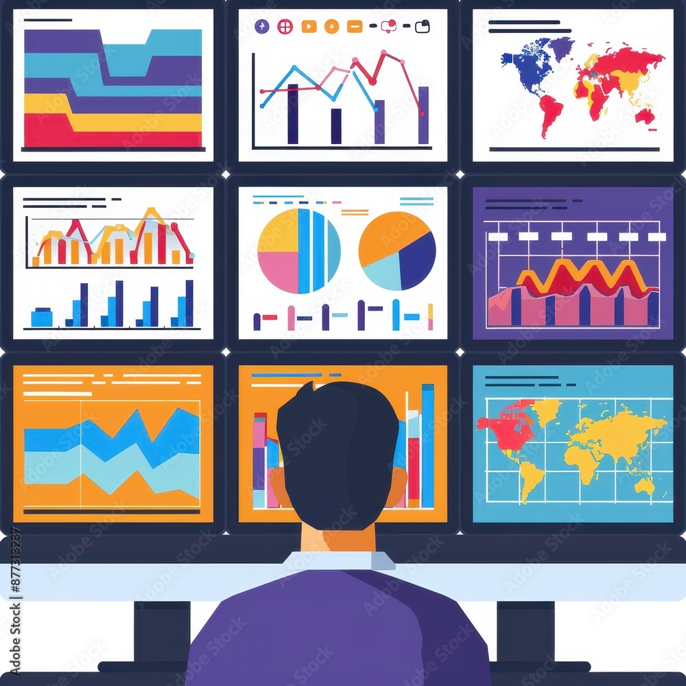Person analyzing various data charts on multiple screens, displaying graphs, maps, and ...